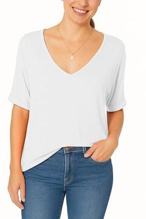 Re Tech UK T-Shirt Oversize - pour Femme - col en V/Manches retrouss&eacute;es/Coupe Chauve-Souris - Style Casual - Tailles EU 36-54 - Blanc - XXL EU 48-50