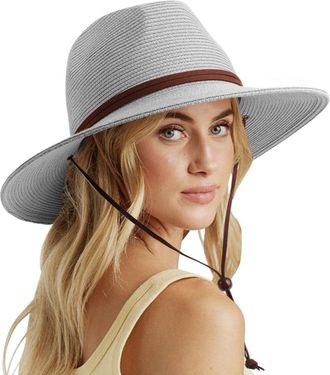 Dreshow Damen Panama Hut Sommer Breiter Krempe Stroh Fedora Sommerhut Strandhut UV Sonnenhut mit Kinnriemen Verstellbare Strohhut UPF 50 +