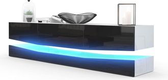 Vladon Lowboard City, Made in Germany, TV-Kommode mit Sockelelement, 1 offenem Fach und 3 Schubk&auml;sten, Wei&szlig; Hochglanz/Schwarz Hochglanz, inkl. LED-Beleuchtun