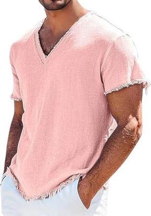 Generic T-shirts pour hommes col en V blanc, chemise en lin &agrave; manches courtes pour homme T-shirt &agrave; manches longues Hem ray&eacute;, chemise en lin pour les loisirs, 