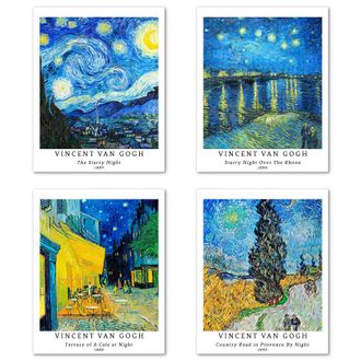 Berkin Arts Kunstdruck Ungerahmt Landschaft Bilder Set von 4, Poster Größe: 20x25 cm Premium Kunstpapier Wanddeko Blue Starry Night Aesthetic Passenden Kinderzimm