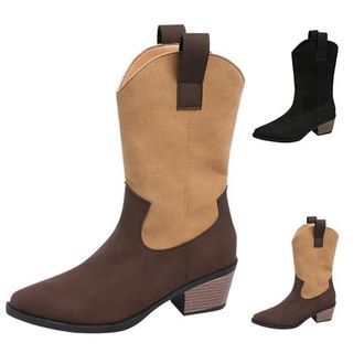 Generic Bottes de cowboy mi-mollet pour femme, demi-bottes en daim synth&eacute;tique, bottes de cowboy occidentales l&eacute;g&egrave;res et &eacute;l&eacute;gantes, bottes basses dautomne &agrave; e