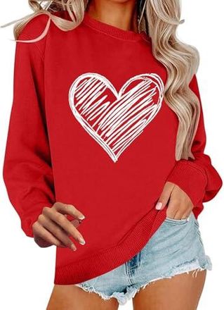Generic Sweat-shirt graphique coeur pour femme confortable &agrave; manches longues d&eacute;contract&eacute; haut amusant festival rouge pull chemise femme col rond sweat-shirt h