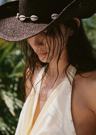 Mango Chapeau en fibre naturelle avec coquillages chocolat - Femme - Taille unique - MANGO