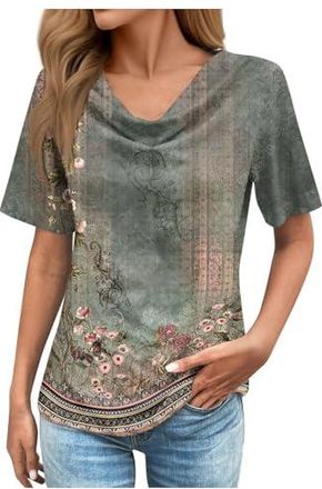 Generic T-shirt femme &agrave; manches courtes imprim&eacute; &eacute;l&eacute;gant d&eacute;contract&eacute; T-shirts tunique, Vert arm&eacute;e., XXL