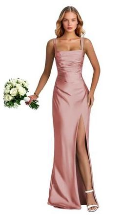 Generic Robe de demoiselle dhonneur en satin pour femme - Robe de bal sir&egrave;ne - Bretelles spaghetti - Corset long pliss&eacute; - Robe de soir&eacute;e formelle avec fente, 