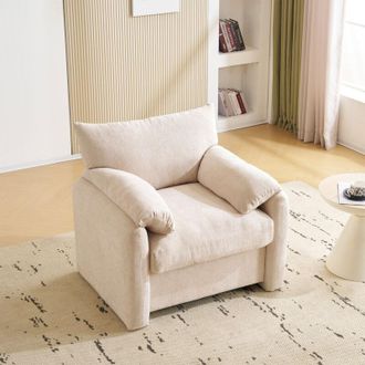 STILVORA Fauteuil Large 1 Place avec Coussin Accoudoirs Confort, Assise Ergonomique, Cadre Bois et M&eacute;tal, Tissu en Chenille, Beige