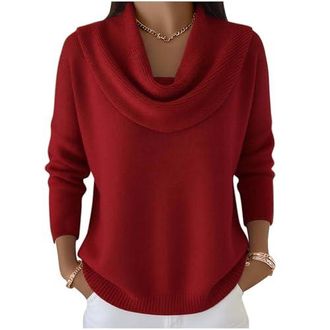 Generic Pull tricoté décontracté et léger à col bénitier pour femme - Automne et hiver - Manches longues - Extensible et confortable, Rouge, XXL