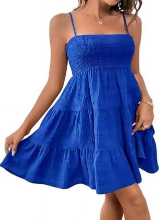 Generic Mini robe caraco avec smocks et bretelles spaghetti pour femme, robe patineuse d&eacute;t&eacute; taille haute, ample et confortable &agrave; volants, bleu, XXL