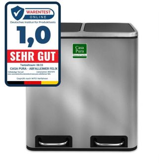 Floordirekt Felix Poubelle Tri S&eacute;lectif Amortisseur de Fermeture Design Id&eacute;al pour Cuisine et Bureau Argent&eacute;, 2 x 15 Litres