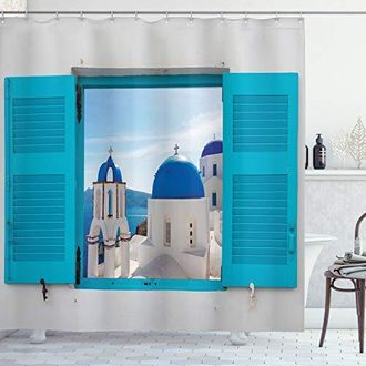 Abakuhaus Paysage Rideau de Douche, Gr&egrave;ce Oia Building, Tissu Ensemble de D&eacute;cor de Salle de Bain avec Crochets, 175 cm x 200 cm, Aqua Bleu Blanc