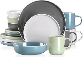 VANCASSO SESAM Serie Steingut Geschirrset f&uuml;r 4-12 Personen, 16 teiliges Kombiservice - Tafelservice mit Speisetellern, Desserttellern, M&uuml;slischalen und Kaffee