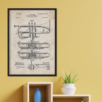 Nacnic Poster Patent Trompete 2. Folie mit altem Design-Patent in der Gr&ouml;&szlig;e A3 und Vintage-Hintergrund