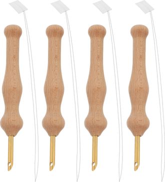 Cabilock SHINEOFI 4s&auml;tze Punch Needle Werkzeug Set mit Nadeleinf&auml;dler f&uuml;r Handn&auml;hen DIY-kunsthandwerk Applikationen und Filigrane Stickerei-Details Holzgriff f