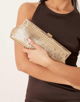 True Decadence Lange Clutch in Gold mit floralem Paillettenbesatz-Goldfarben