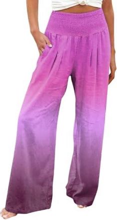 Generic Pantalon en coton et lin pour femme - Jambe large - Pantalon de plage d&eacute;t&eacute; pour femme - Confortable - Pantalon de yoga Palazzo XIYU26081, violet clair