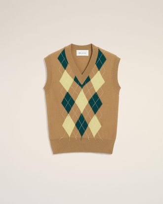 Ami Pull Marron Sans Manches Avec Intrasia Argyle En Laine Et Coton Camel & jaune & vert - XS - Homme