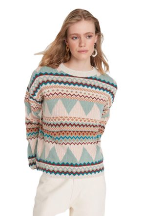 Trendyol Damen Jacquard-pullover Mit Rundhalsausschnitt, Regul&auml;rer Schnitt Sweatshirt, Minze, S EU