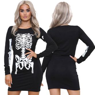 Noroze Damen Frauen Halloween Skelett Sch&auml;del Knochen Rot Blut Herz Bodycon Kost&uuml;m Neuheit Party Kleid(48-50, Schwarz Skelett)