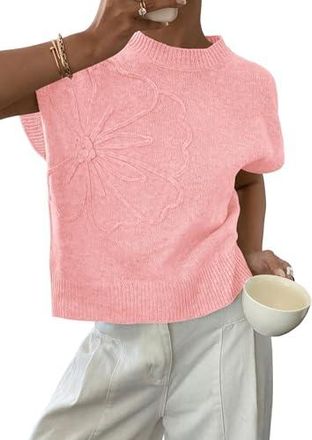 Generic Pull pelucheux &agrave; manches courtes pour femme - Tendance - En tricot floral - Joli pull - D&eacute;bardeurs d&eacute;contract&eacute;s - Tenue de bureau, rose, XL