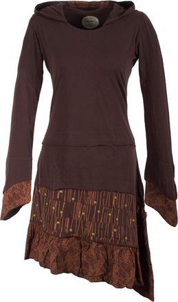 vishes Alternative Bekleidung - Lagenlook Langarm Patchwork Elfenkleid mit Zipfelkapuze und R&uuml;schen braun 46
