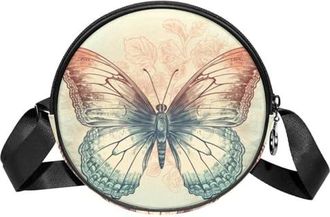 Generic Sac &agrave; bandouli&egrave;re rond pour femme, motif papillon vintage, petit sac &agrave; bandouli&egrave;re avec fermeture &eacute;clair, bretelles r&eacute;glables, sac &agrave; main rond d&eacute;contr