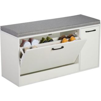 Relaxdays Banc &agrave; chaussures Relaxdays, assise rembourr&eacute;e, 1 compartiment, H&times;L&times;P 53&times;100&times;37 cm, 9-12 paires, hall, blanc/gris