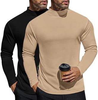 Ekouaer 2pcs Haut Thermique Homme Maillot de Corps à Manches Longues sous-Vêtements Chauds avec Micro-Polaire intérieure Automne/Hiver Noir+Kaki XL