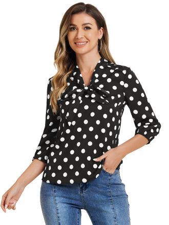 Allegra K Damen 3/4 &Auml;rmel Schluppenbluse Schleife Retro Oberteil Polka Dots R&uuml;schen Elegant Top Schwarz Wei&szlig; XS