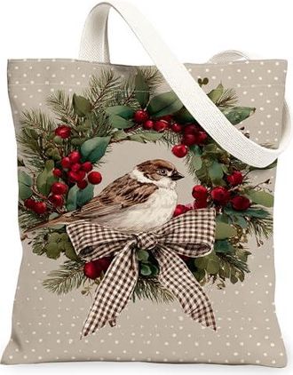 Generic Sacs fourre-tout en toile avec motif de couronne de No&euml;l rustique, sacs d&eacute;picerie r&eacute;utilisables, vintage, l&eacute;gers, lavables, Beige, 13x15 Inch