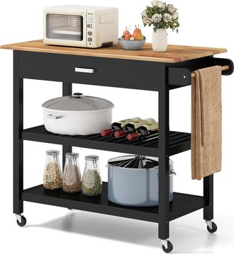Costway GOPLUS Küchenwagen mit Rollen, Servierwagen mit Schublade, 3-stöckiger Küchenrollwagen mit Griff, 2 offene Ablagen, Räder mit Bremsen, seitlicher Hand