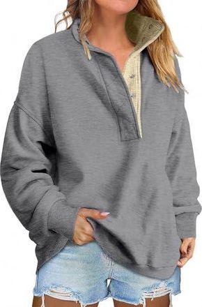 Generic Sweat-shirt surdimensionn&eacute; &agrave; manches longues et col Henley pour femme, haut d&eacute;contract&eacute; &agrave; boutons et manches longues, tenue tendance, gris fonc&eacute;, XXL