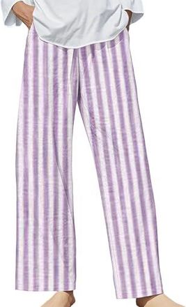 Generic Pantalon décontracté 2025 en coton et lin rayé taille haute pour femme - Tendance et confortable dabord, rose, XL
