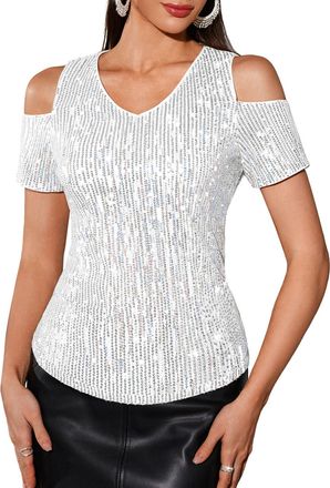 Dresstells Pailletten Oberteil Damen Wei&szlig; Glitzer Bluse Damenbluse Elegant Festliche Gro&szlig;e Gr&ouml;&szlig;en Karneval Party Disco Outfit Wei&szlig; 2XL