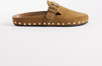 Mango Clogs aus 100% Leder in Hellbraun mit goldfarbener Schnalle-Brown