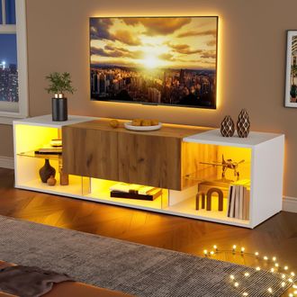 Generic TV-Schrank Wei&szlig; Naturholz 160 cm Lowboard mit Glasboden & LED Beleuchtung f&uuml;r Fernseher bis 70 Zoll Modernes TV-Board mit 2 Schubladen Fernsehtisch Si