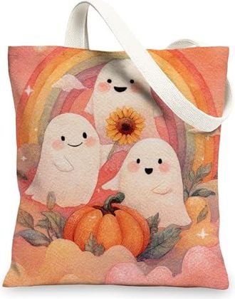 Generic Sacs fourre-tout en toile avec motif fantôme mignon, sacs dépicerie réutilisables, légers et lavables avec bandoulière pour salle de sport, voyage, pl