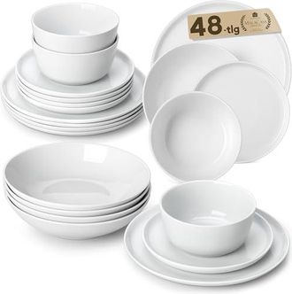 Malacasa Services de Vaisselle pour 12 Personnes, 48 Pièces en Porcelaine Blanc incluant 12 Assiettes Plates, 12 Assiettes à Dessert, 12 Bols à Céréales et 12 