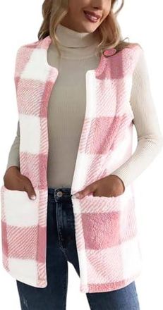 Generic Vestes pour femmes 2026 &agrave; imprim&eacute; &eacute;cossais r&eacute;versible en polaire ouverte sur le devant, sans manches, manteau d&eacute;contract&eacute; pour usage quotidien, rose, 