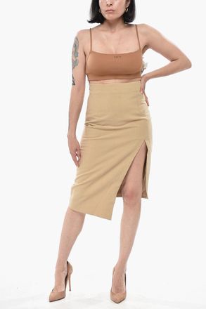 Off-white Mixed Linen Midi Skirt With Side Zip Off-White