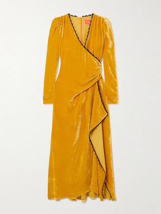La DoubleJ Maxi-wickelkleid Aus Velours Mit Falten Und Spitzenbes&auml;tzen - Gelb