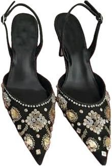 Generic YUJIEBB Sandales &agrave; talons hauts style f&eacute;e &agrave; talons fins pointus Chaussures en maille strass Chaussures de mariage argent&eacute;es, Noir - 6 cm., 36.5 EU