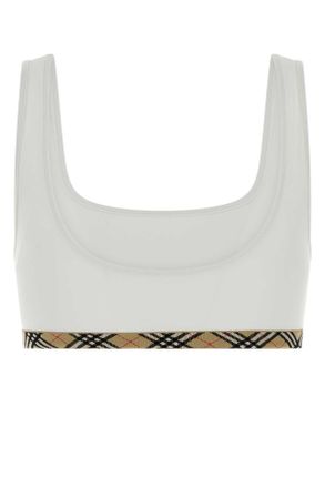 Burberry Stretch Nylon with Tartan Trim Bikini Top - White