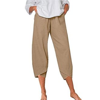 Generic Pantalon en Lin pour Femme Fluide Taille Elastique Pantalon Femme D&eacute;contract&eacute; &Eacute;t&eacute; &Eacute;lastique Taille Haute en Lin Jambe Droite Jambe Large Leger Vetemen