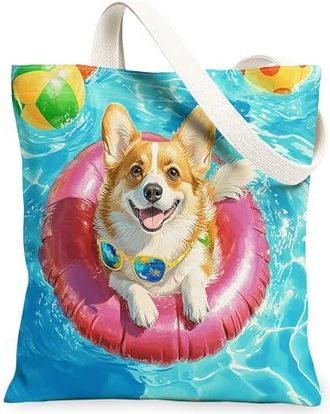 Generic Sac fourre-tout amusant en toile motif chien Corgi pour faire du shopping, 33 x 38,1 cm, sac &agrave; bandouli&egrave;re r&eacute;utilisable pour femme, peinture danimaux 