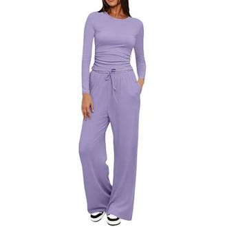 Generic Ensemble dint&eacute;rieur 2 pi&egrave;ces pour femme - Ensemble de d&eacute;tente avec cordon de serrage - Manches longues - Pantalon large avec poches - En coton doux - 