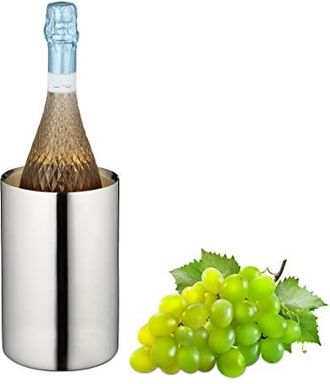 Relaxdays Weinkühler Edelstahl, doppelwandig, Flaschenkühler Wein & Sekt, HxD: 18,5 x 12 cm, glänzend, Weinkübel, Silber