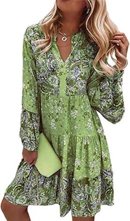 ORANDESIGNE Femmes Robe Dété Boho Courte Fleur Tunique Blouse Manches 3/4 Col en V Ethnique Chic Robe de Plage Sexy Casual Légère Mini Robe X10 Vert XS