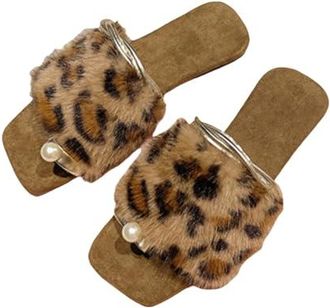 Generic Pantoufles en peluche &agrave; bout ouvert pour femme, pantoufles &agrave; bout ouvert avec perle, soutien de la vo&ucirc;te plantaire, chaussures dint&eacute;rieur &eacute;l&eacute;gantes et