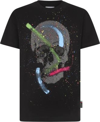 Philipp Plein Homme, Tops, Noir, Taille: 4XL Paint Splash Skull T-Shirt